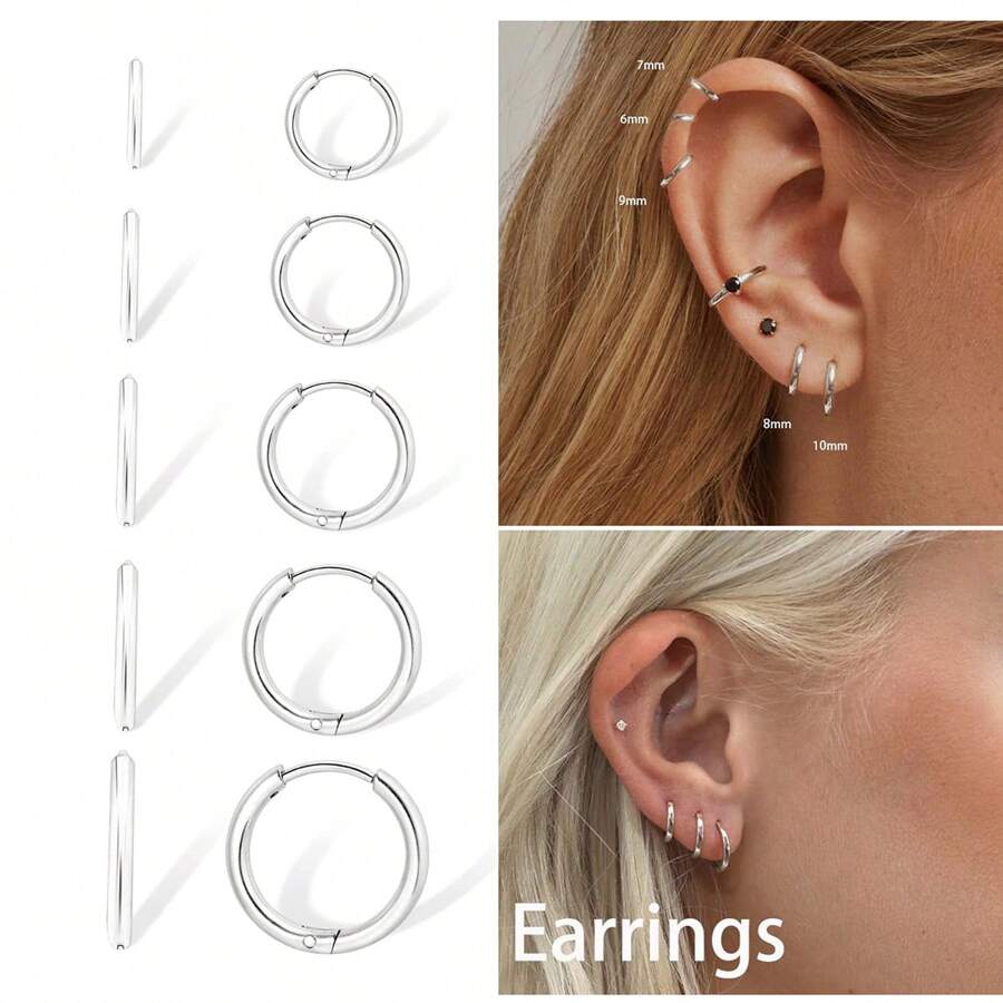 5 Pairs 316L Surgical Stainless Steel Small Hoop Earrings Set For Women Girls Men 14K Gold ...