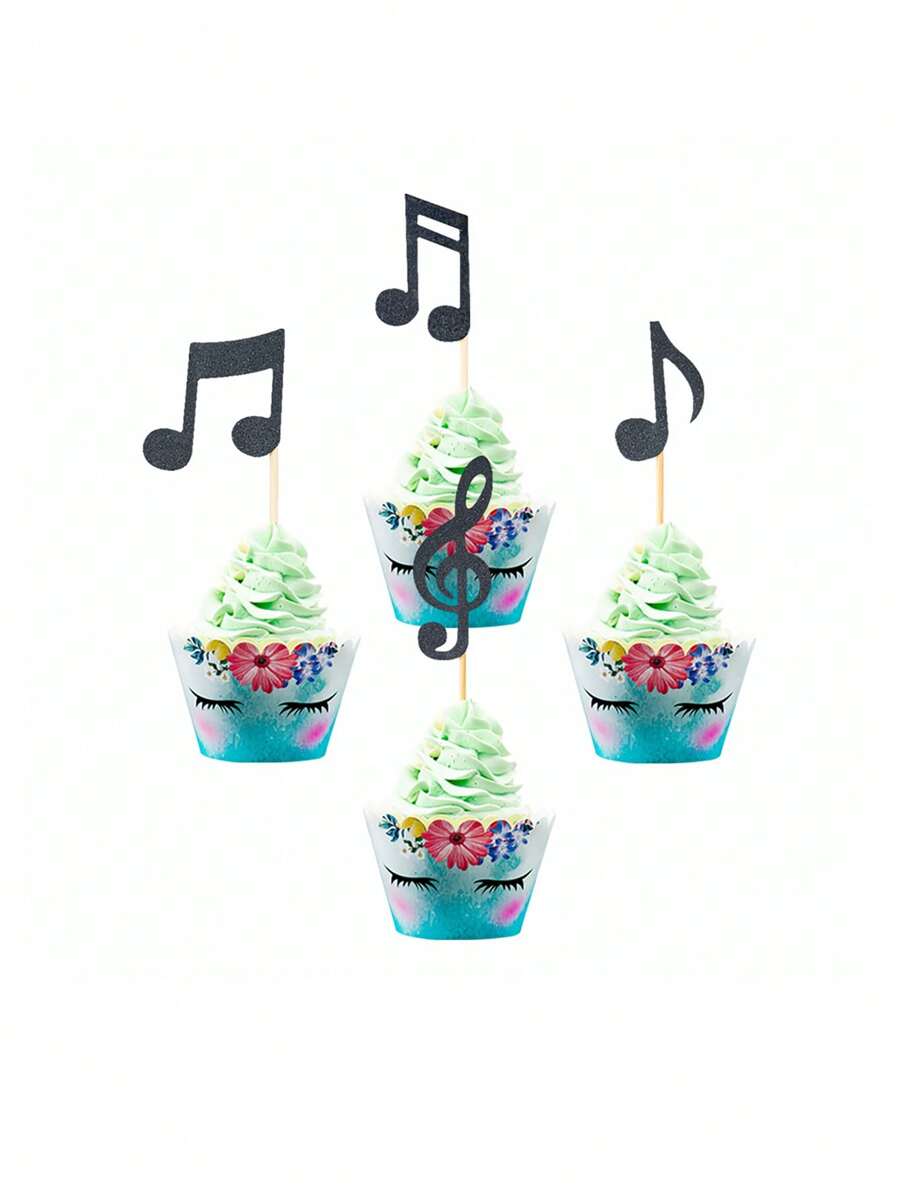12 Pcs Music Notes Cupcake Toppers Black Glitter Musical Symbol Cupcake ...