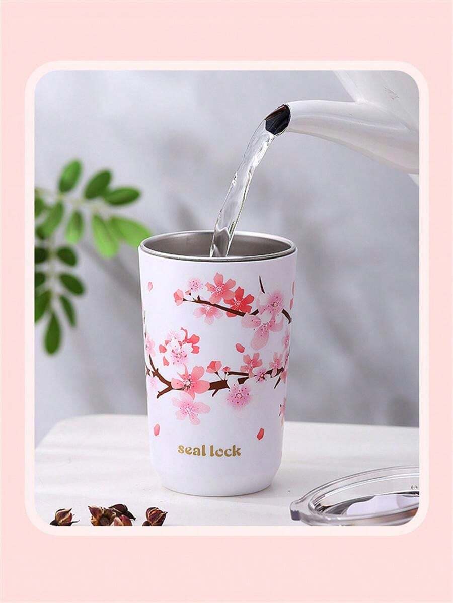 1Pcs 360ml/460ml/560ml Stainless Steel Coffee Cup Cherry Blossom Thermal Mug With Lid Travel Mug ...