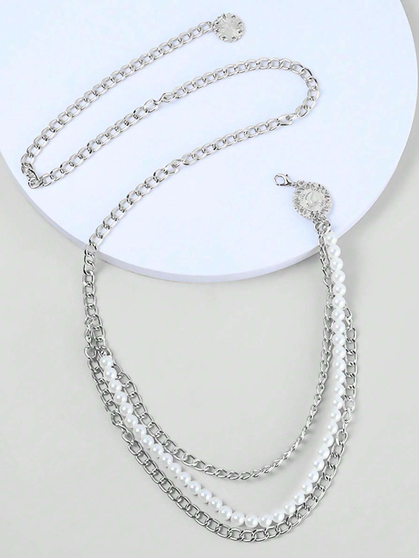 1pc Women Silver-Tone Fashionable Pearl & Metallic Body Chain, Sexy ...