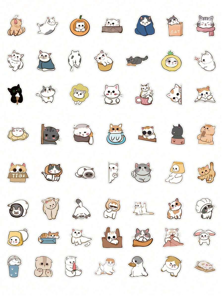 60 Sheets Of Cute Cartoon Cat Stickers, Waterproof Graffiti Stickers ...