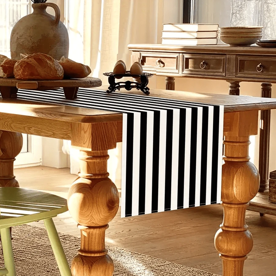 1pc Black And White Striped Linen Table Flag, Party Supplies, Birthday ...