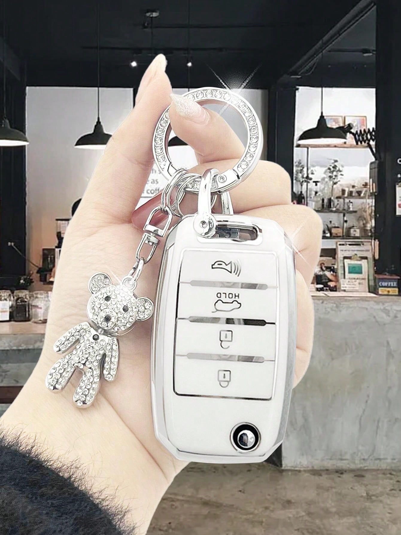 Fashionable Rhinestone Rotary Silver Bear Keychain + High-End Silver ...