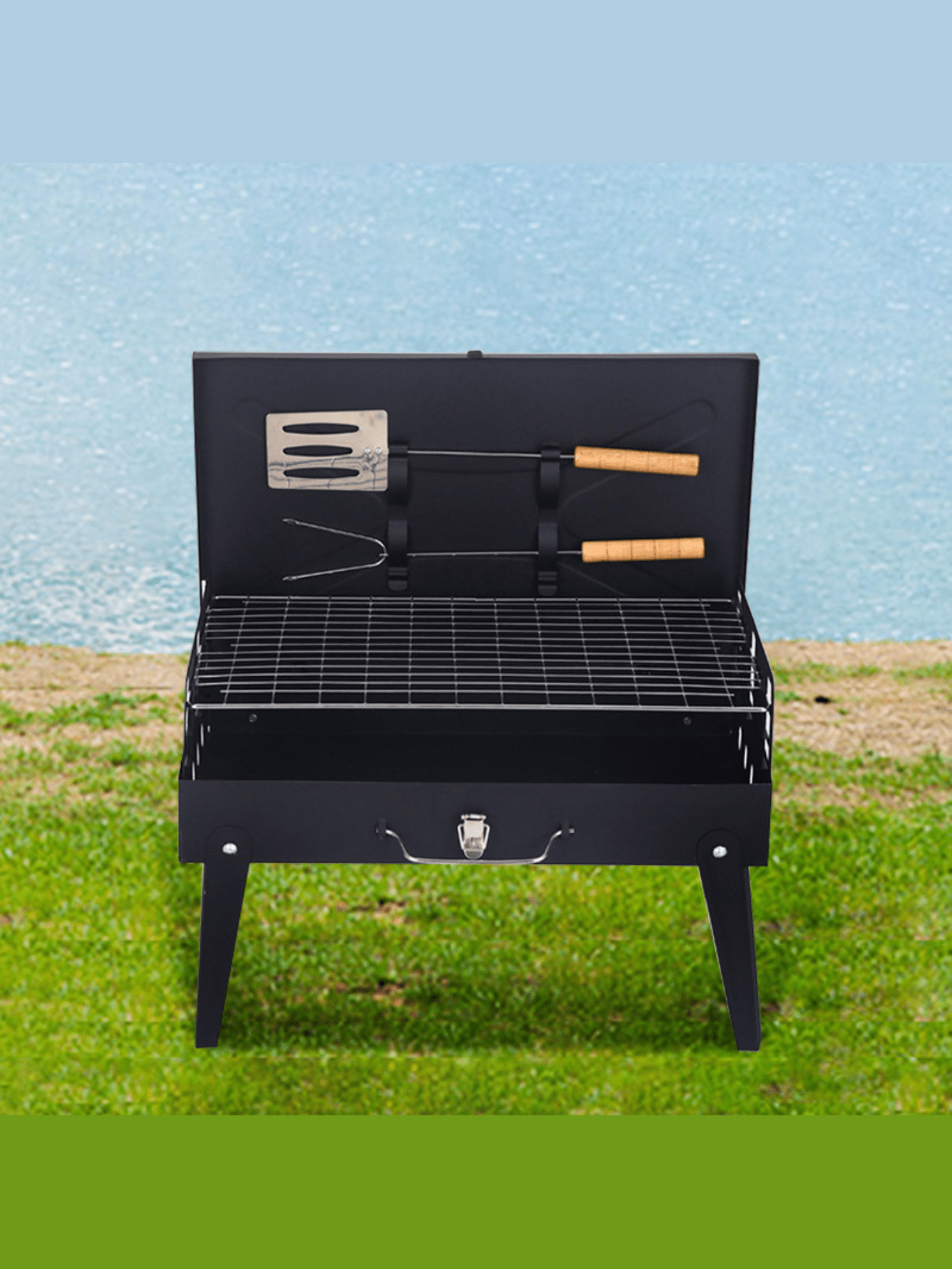 A Black Stainless Steel Camping BBQ Charcoal Grills With BBQ Tools Portable Convenient Barbecue ...