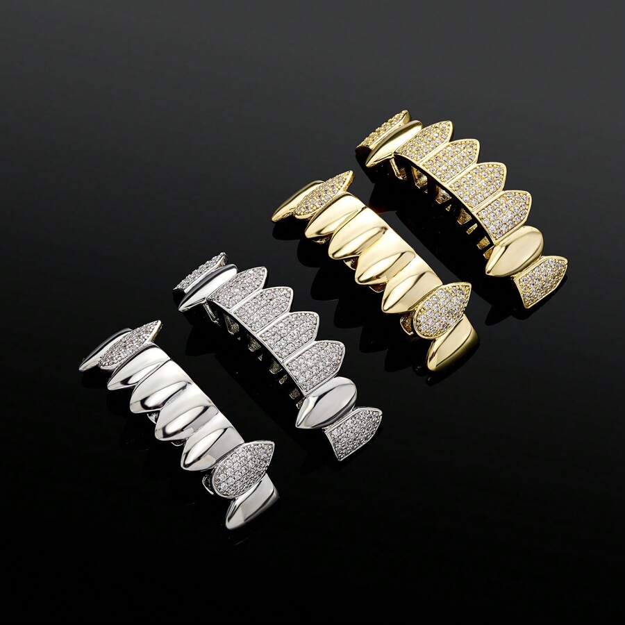Micro-Encrusted Gold/Silver Fangs Grillz With Cubic Zirconia Stones For ...