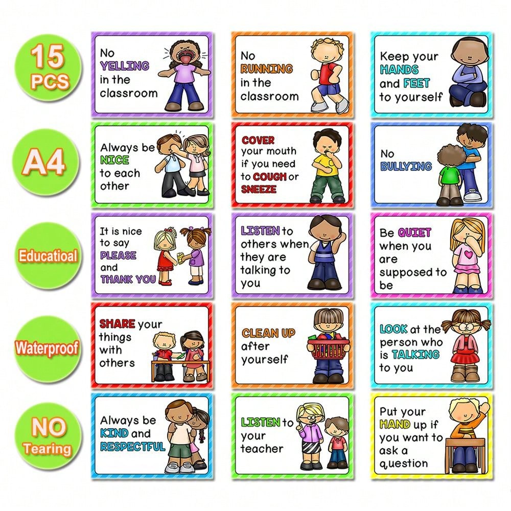 Conjunto De 15 Carteles Educativos De Reglas De Aula Tamaño A4 Para ...
