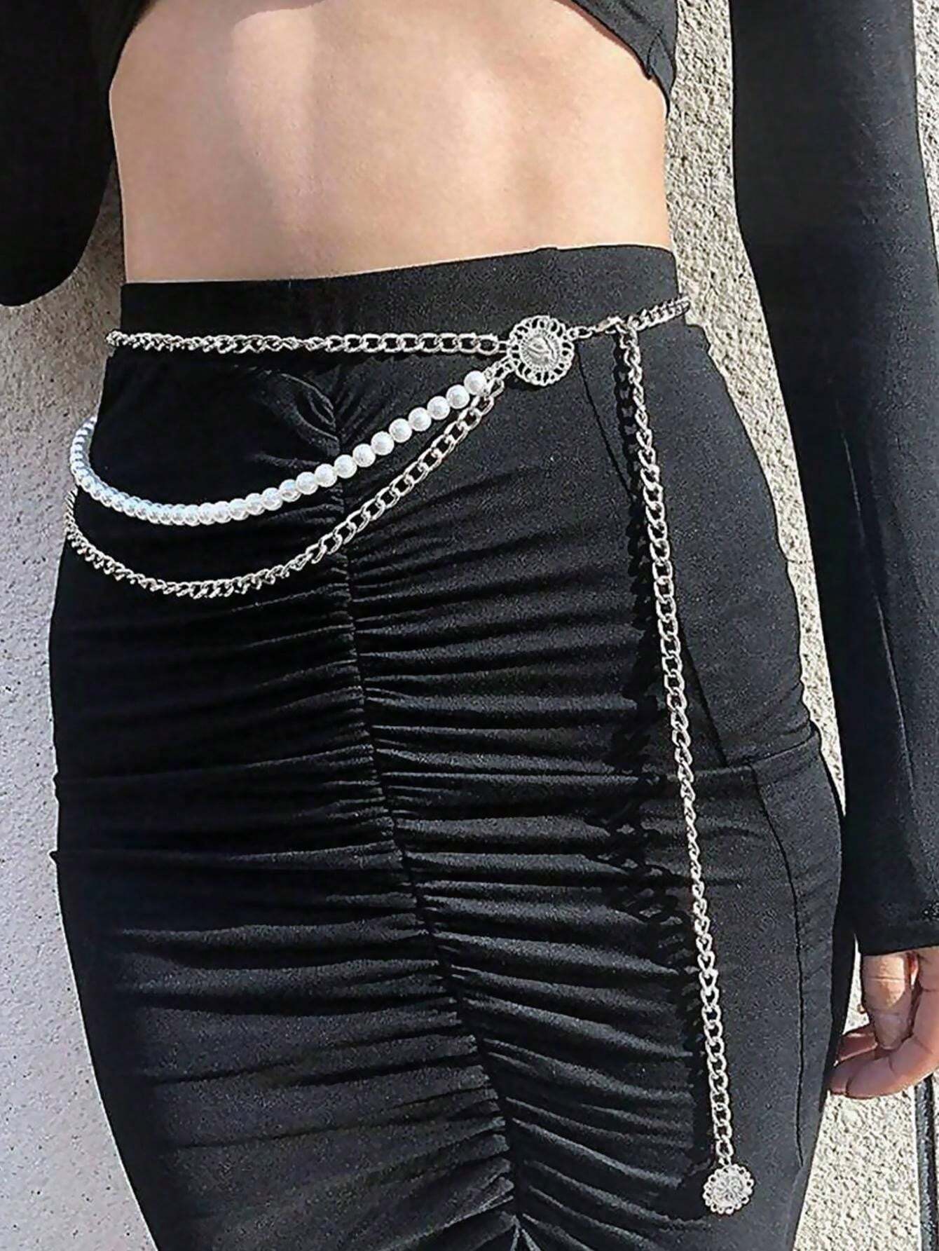 1pc Women Silver-Tone Fashionable Pearl & Metallic Body Chain, Sexy ...
