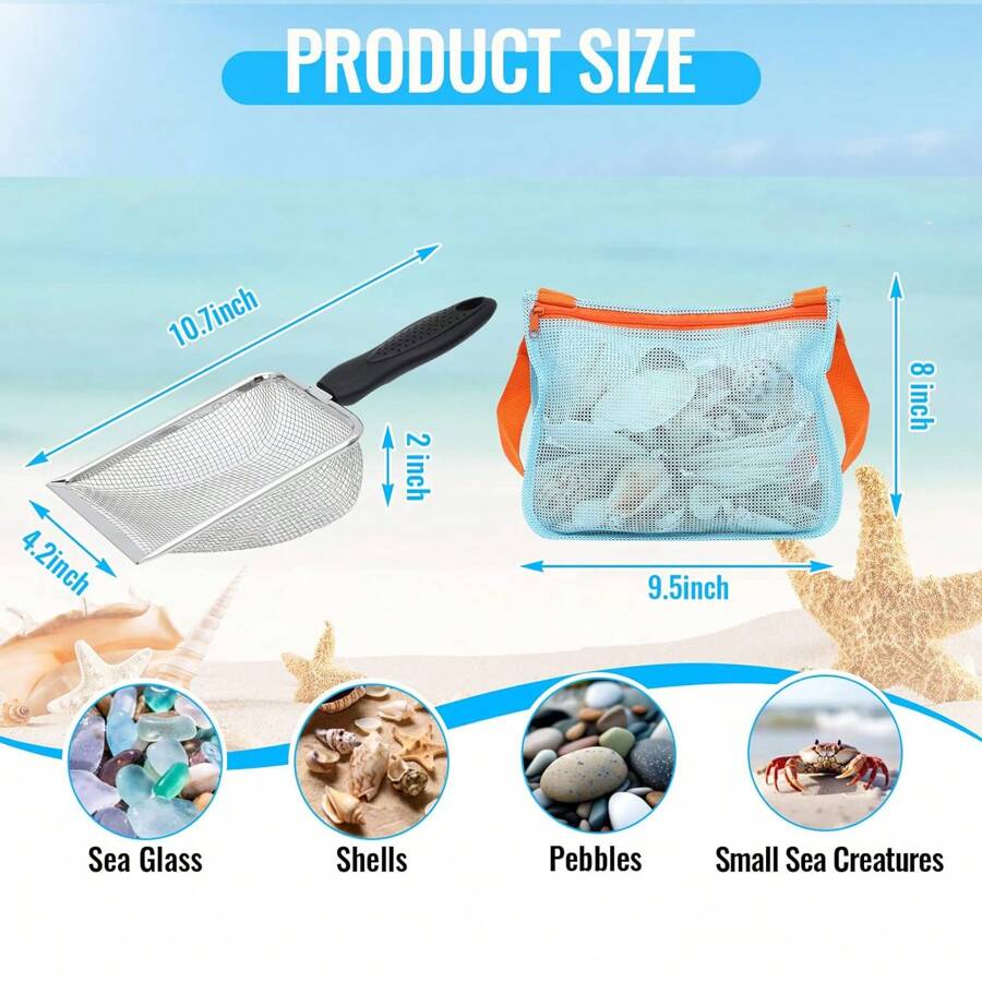 1 PC Beach Mesh Shovel With 1 PC Mesh Beach Bag For Filter Sand, Shell ...