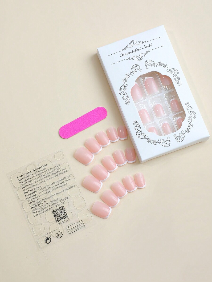 24pcs Short Square Press On Nails Cute White French Long Square Fake ...