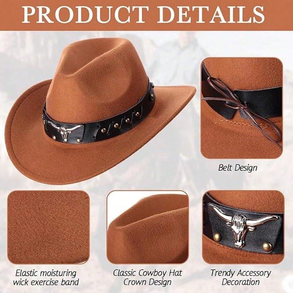 1pc Western Style Cowboy Hat With Silver Bull Headband Buckle (Black ...