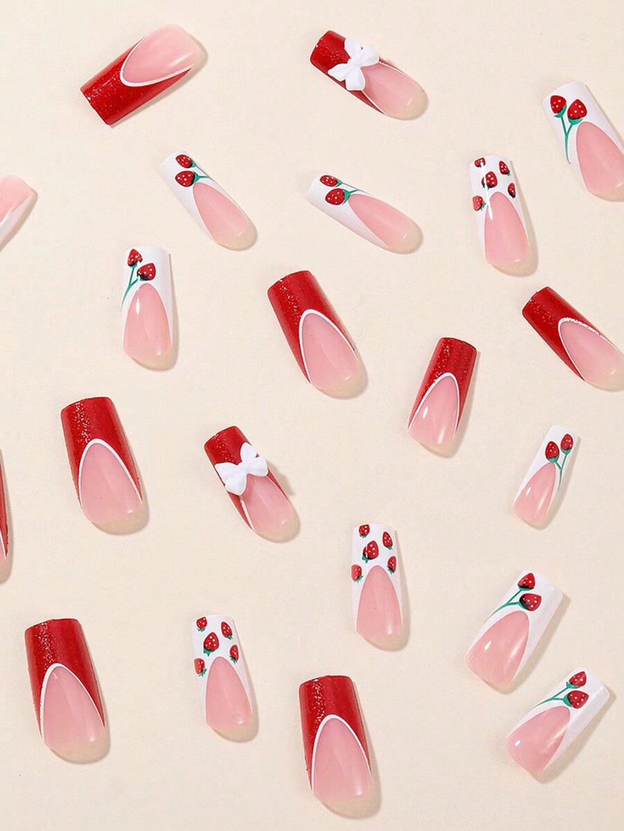 Strawberry Red French-Style Border Cute Bow Decorated Press-On Nails In ...