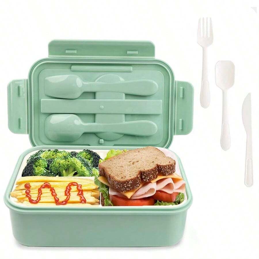 3-Compartment Green Lunch Box, PP Microwave-Heated Meal Prepping ...