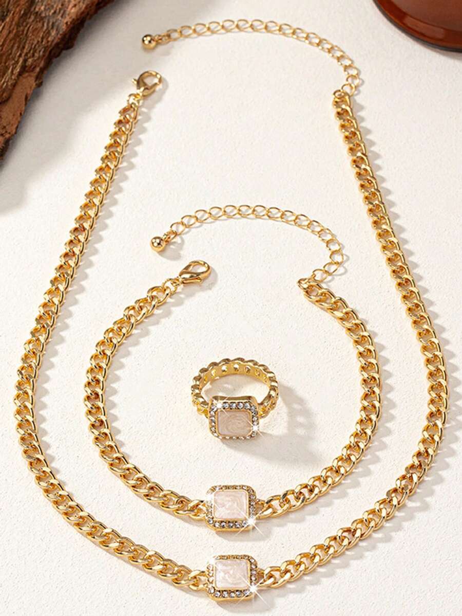 1pc Luxury Jewelry Set, Including Necklace, Bracelet And Ring. 14K Gold ...