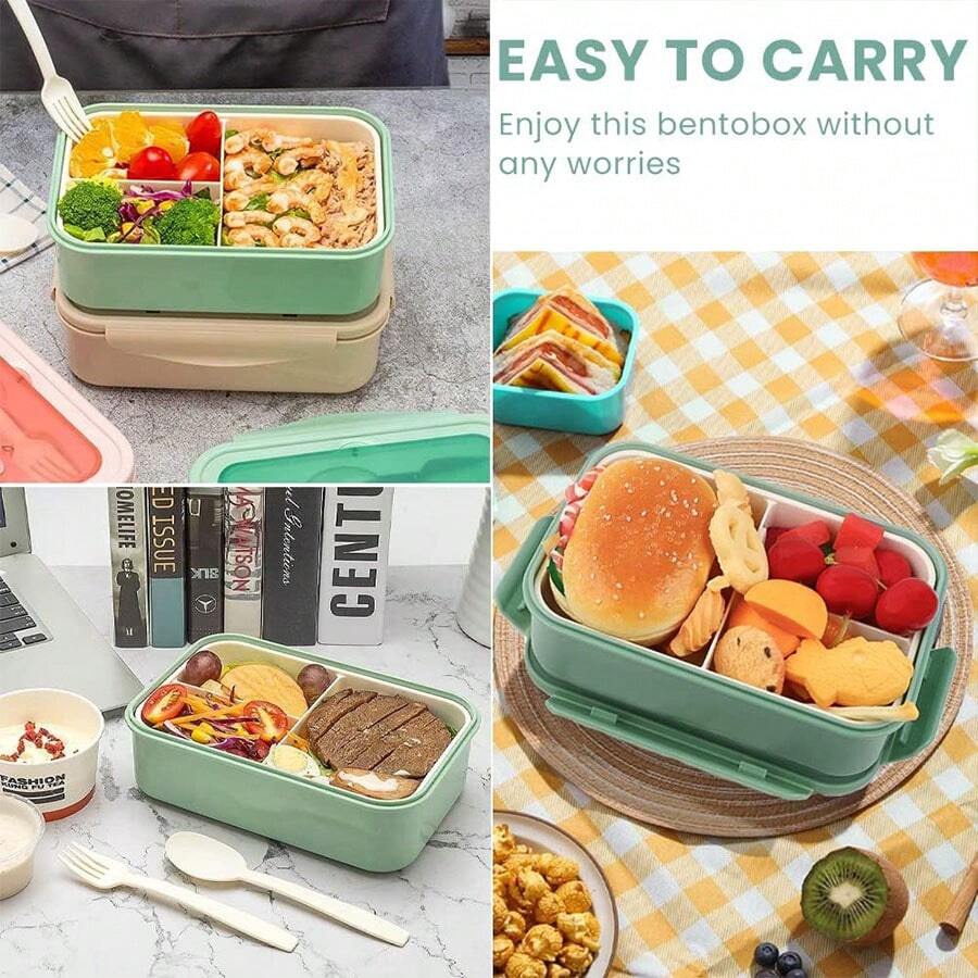 3-Compartment Green Lunch Box, PP Microwave-Heated Meal Prepping ...