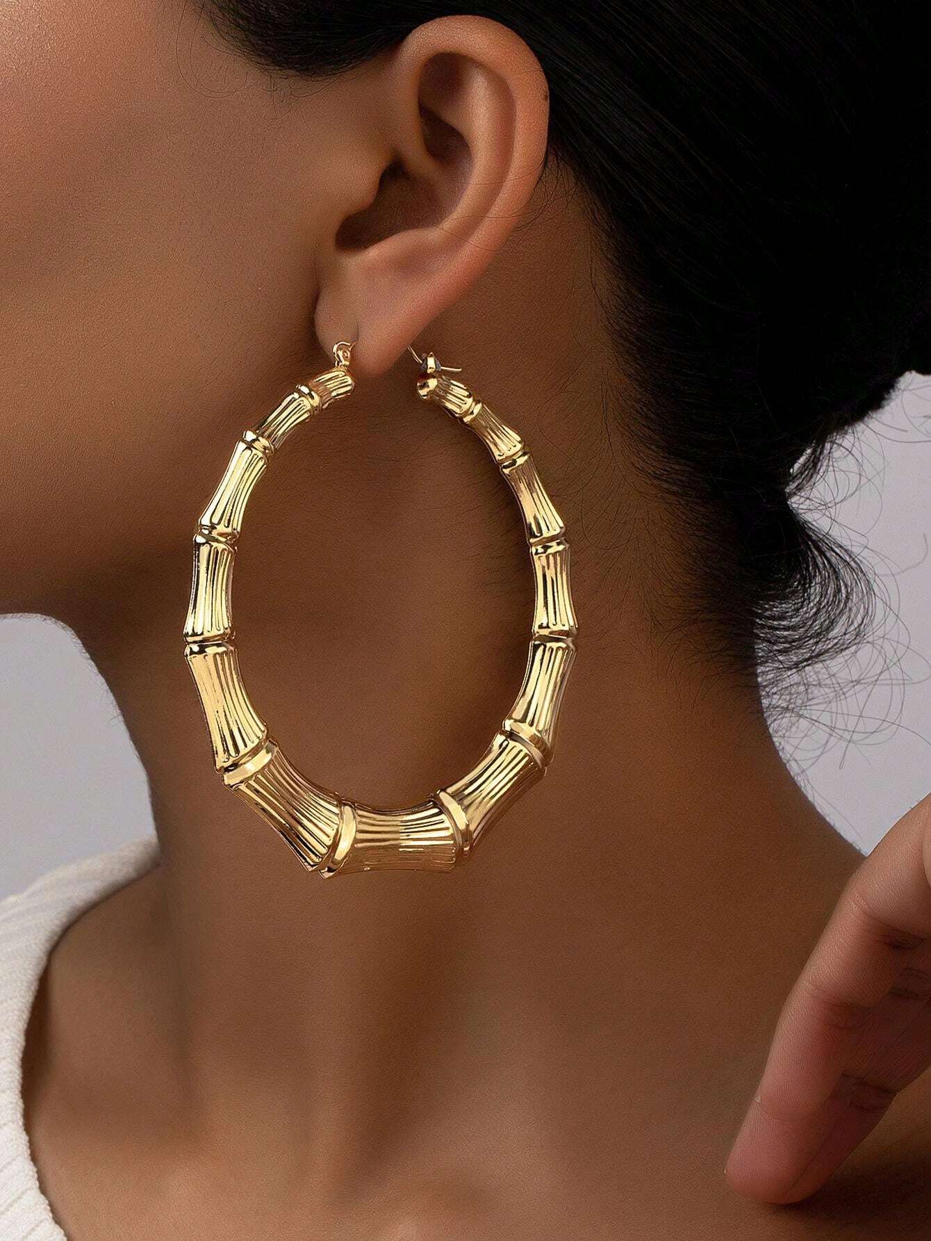 1pair Super Large Bamboo Joint Hoop Earrings Exaggerated Golden Circle ...