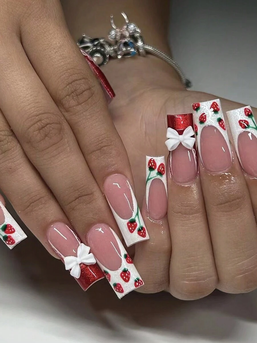 Strawberry Red French-Style Border Cute Bow Decorated Press-On Nails In ...
