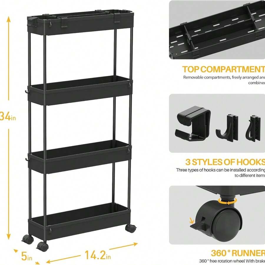 Slim Storage Cart 4 Tier,Bathroom Storage Organizer Rolling Utility ...