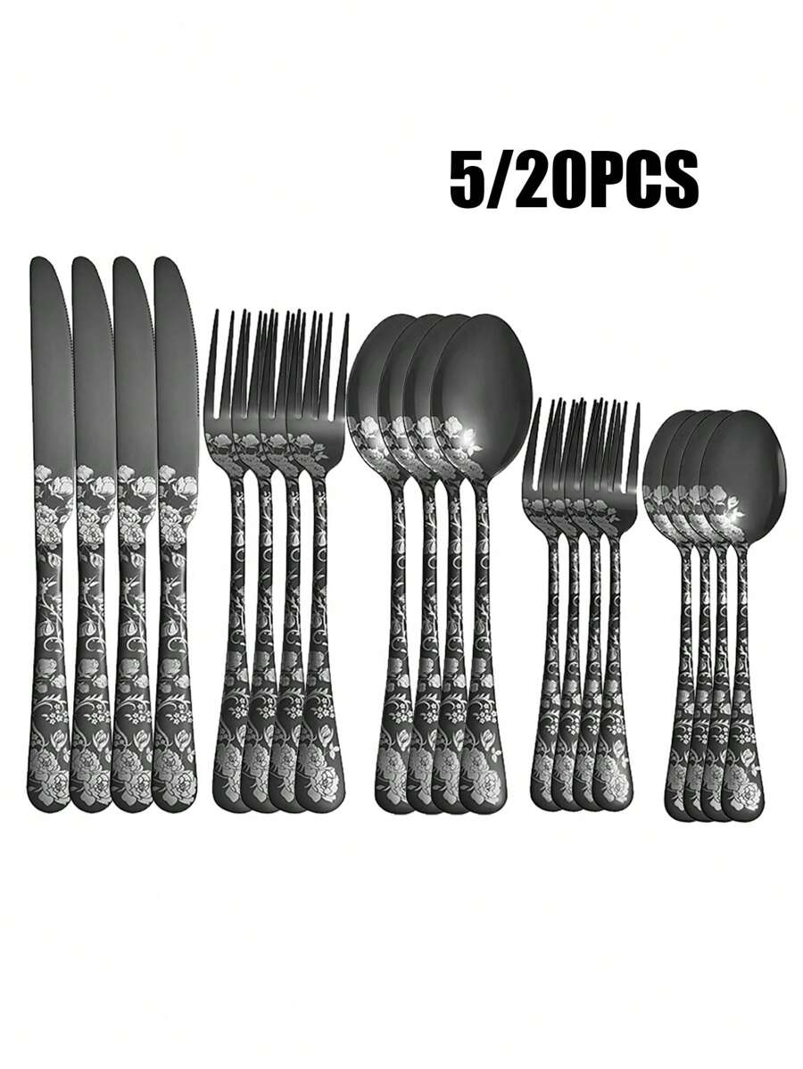 5/20 Pieces Set Stainless Steel Mirrored Finish Vintage Pattern Cutlery ...