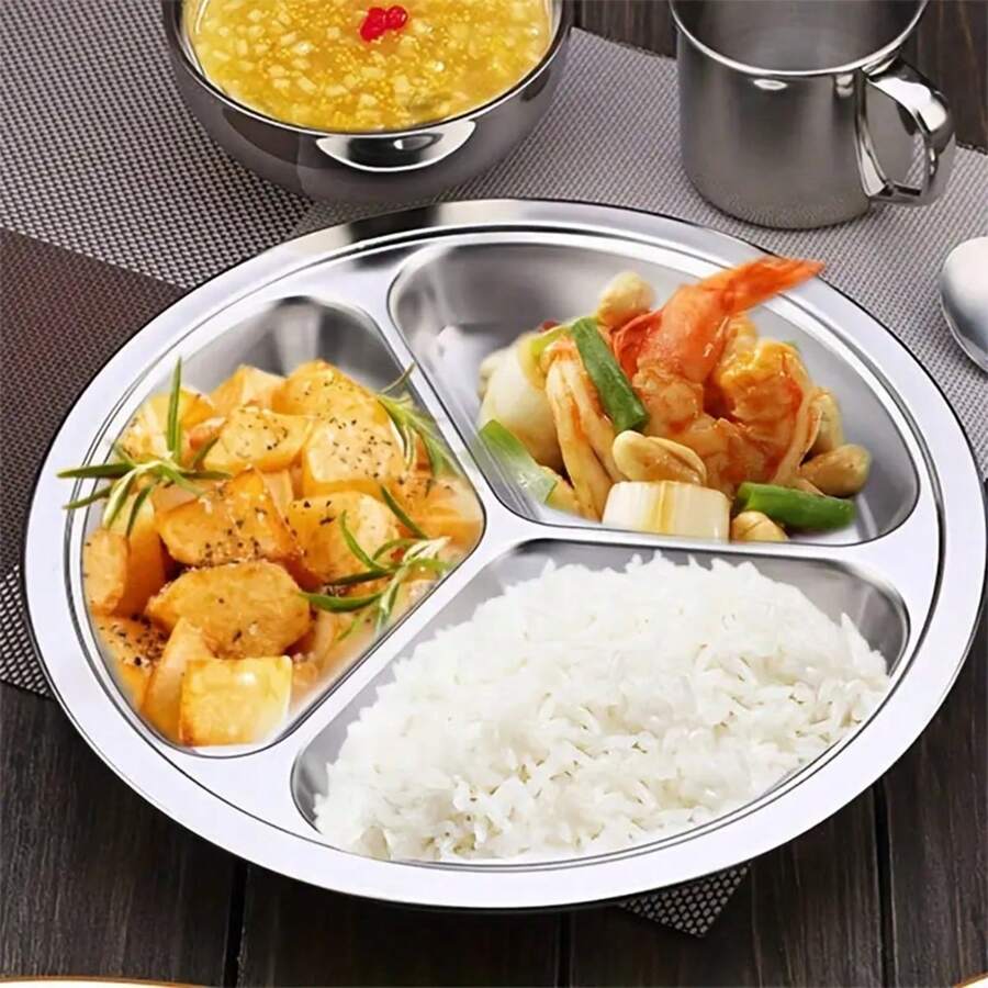صحن من الستانلس ستيل مقسم ومستدير 1/5 قطعة، صحن خفيف للتخييم ، 3 صحون ...