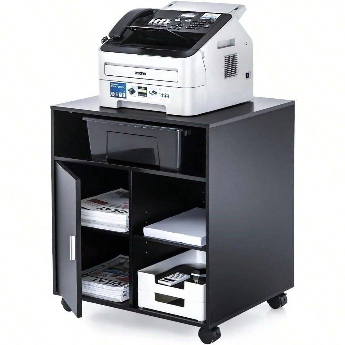 Printer Stand With Storage Adjustable Shelves, Wood Mobile Cart With ...