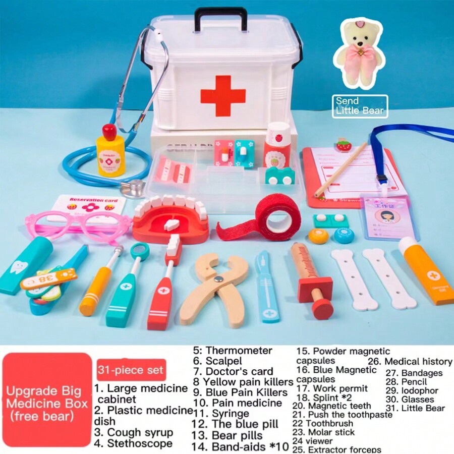 Children Wooden Pretend Play Doctor And Nurse Medical Kit Toy For Role ...