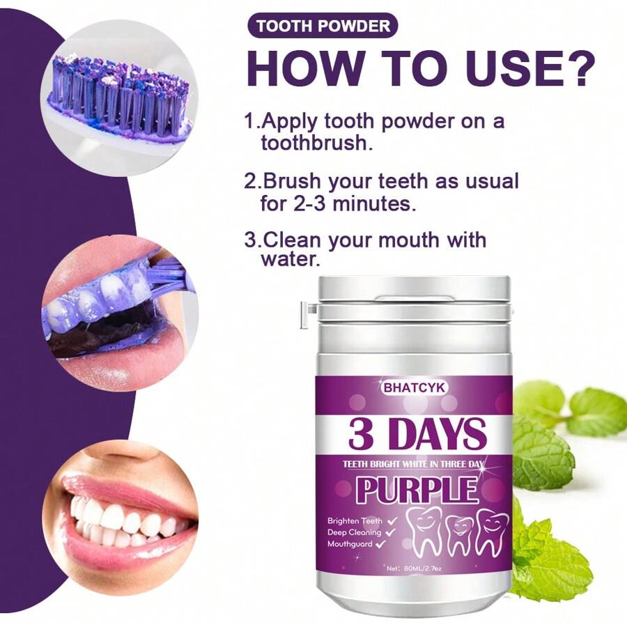 BHATCYK 3-Day Purple Teeth Whitening Powder, For Plaque Control, Mint ...