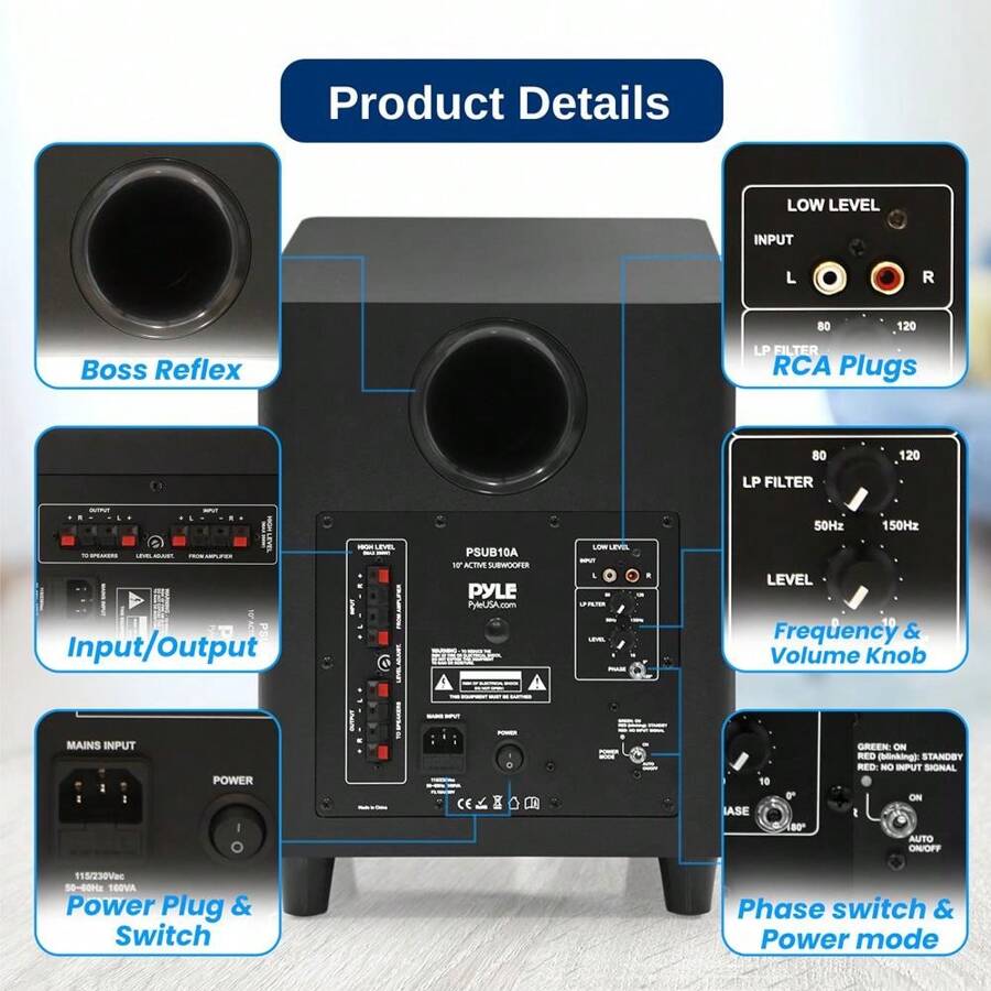 10'' Active Down-Firing Subwoofer - Ported Design With High-To-Low ...