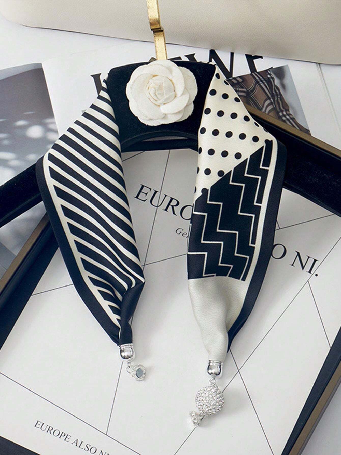 Summer New Black And White Dotted Silk Scarf With Magnetic Clasp. Women ...