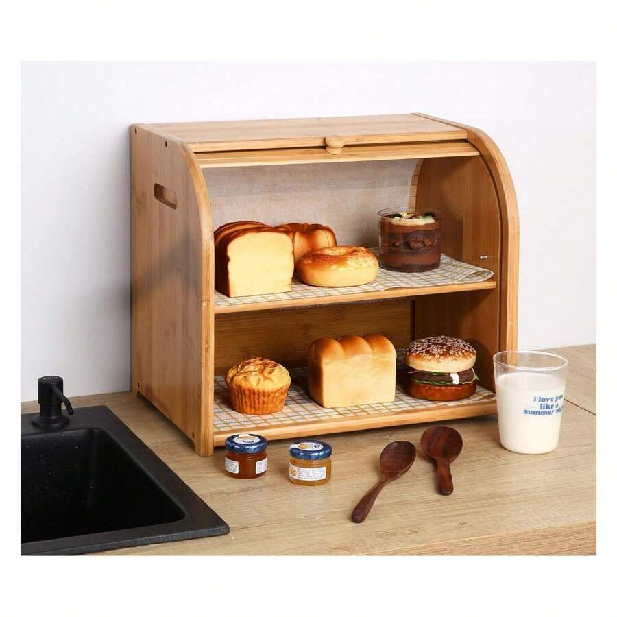 YONGSTYLE Bamboo 2 Tier Bread Box- Kitchen Food Storage Bin Display ...