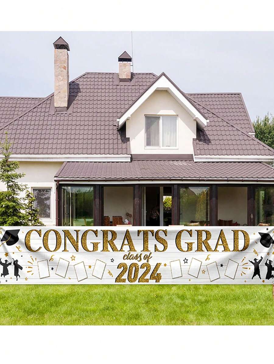 2024 White And Gold Graduation Outdoor Banner - Congrats Grad Banner ...