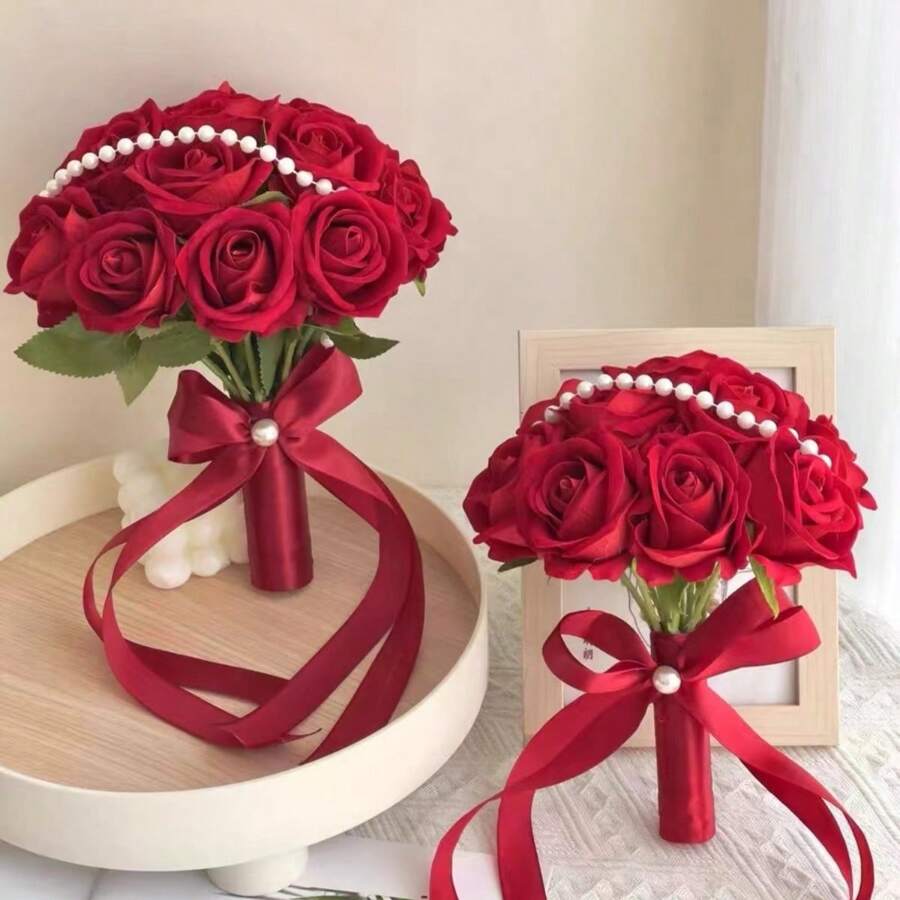 A High-End Bridal Bouquet With A Red Rose For Wedding, Made Of ...