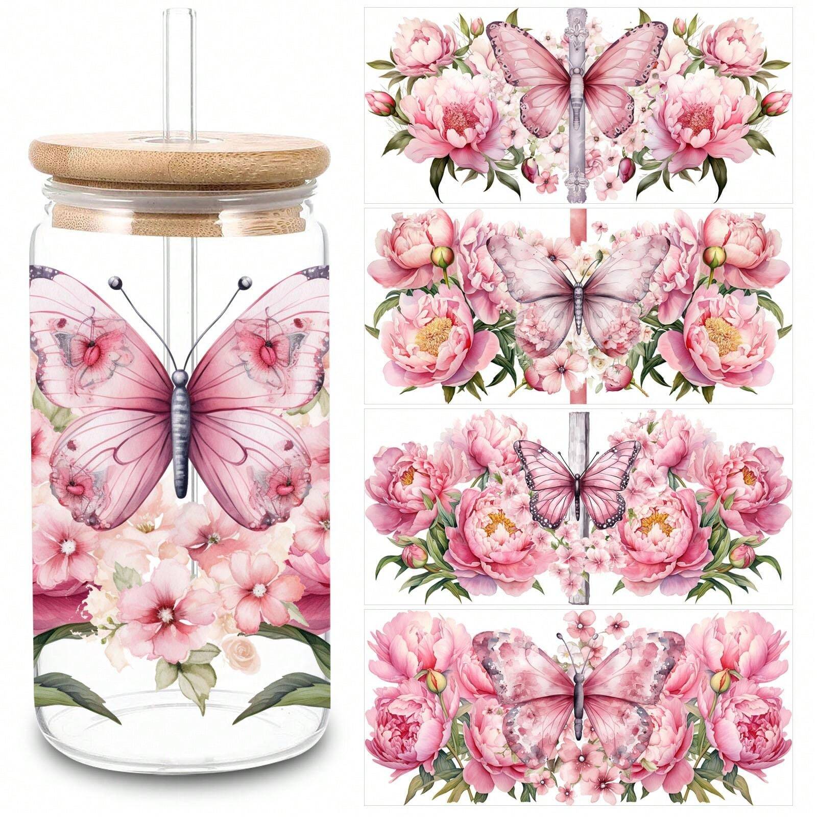 5 Sheets Pink Butterfly And Flower UV DTF Cup Stickers, Glass Movement ...