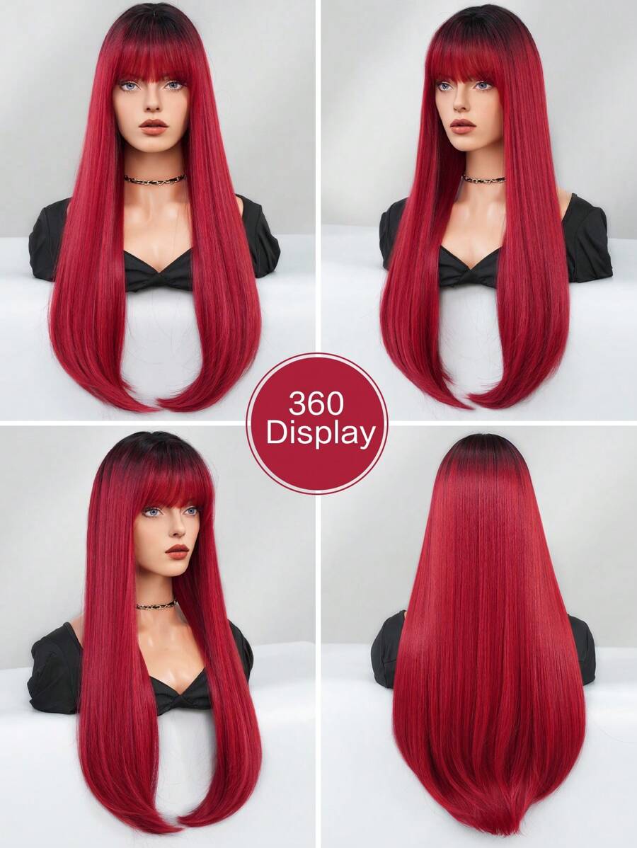 NICKY WALL Ombre rote Perücke Lange, gerade Perücke mit Pony Kostüm ...