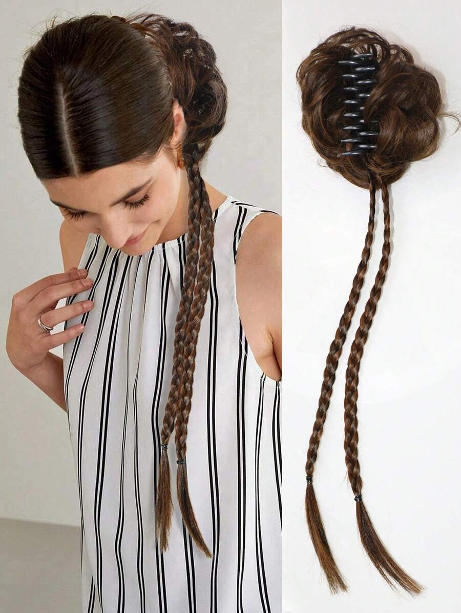 Chinese Style Hair Clip Bun With Curly And Messy Waves, Synthetic Braid ...