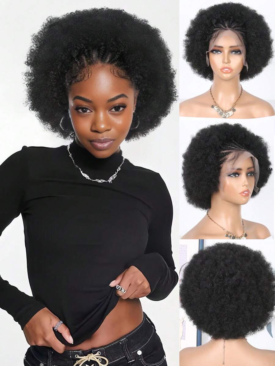 Afro Synthetic Braided Wigs For 13x4 HD Lace Front Wig Kinky Curly Wig ...