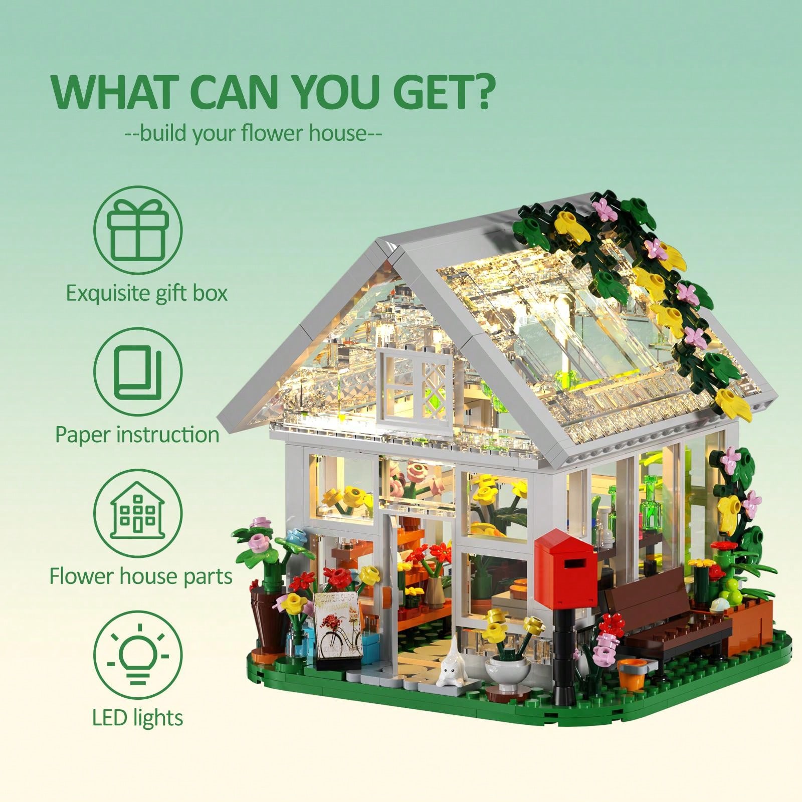 Flower House Building Set, Garden House Building Toy With LED Light ...