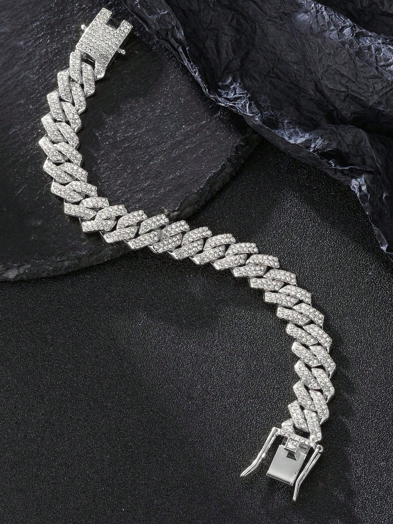 2 Pieces Link Chain Men's Iced Out Miami Necklace And Bracelet Silver ...