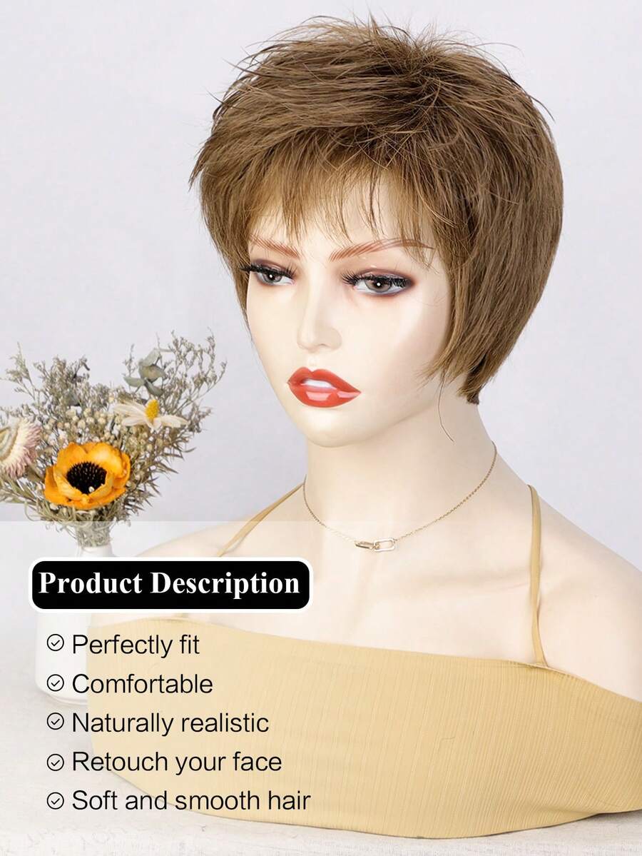 Short Mixed Brown Wigs For White Women Synthetic Hair Wig With Bangs ...