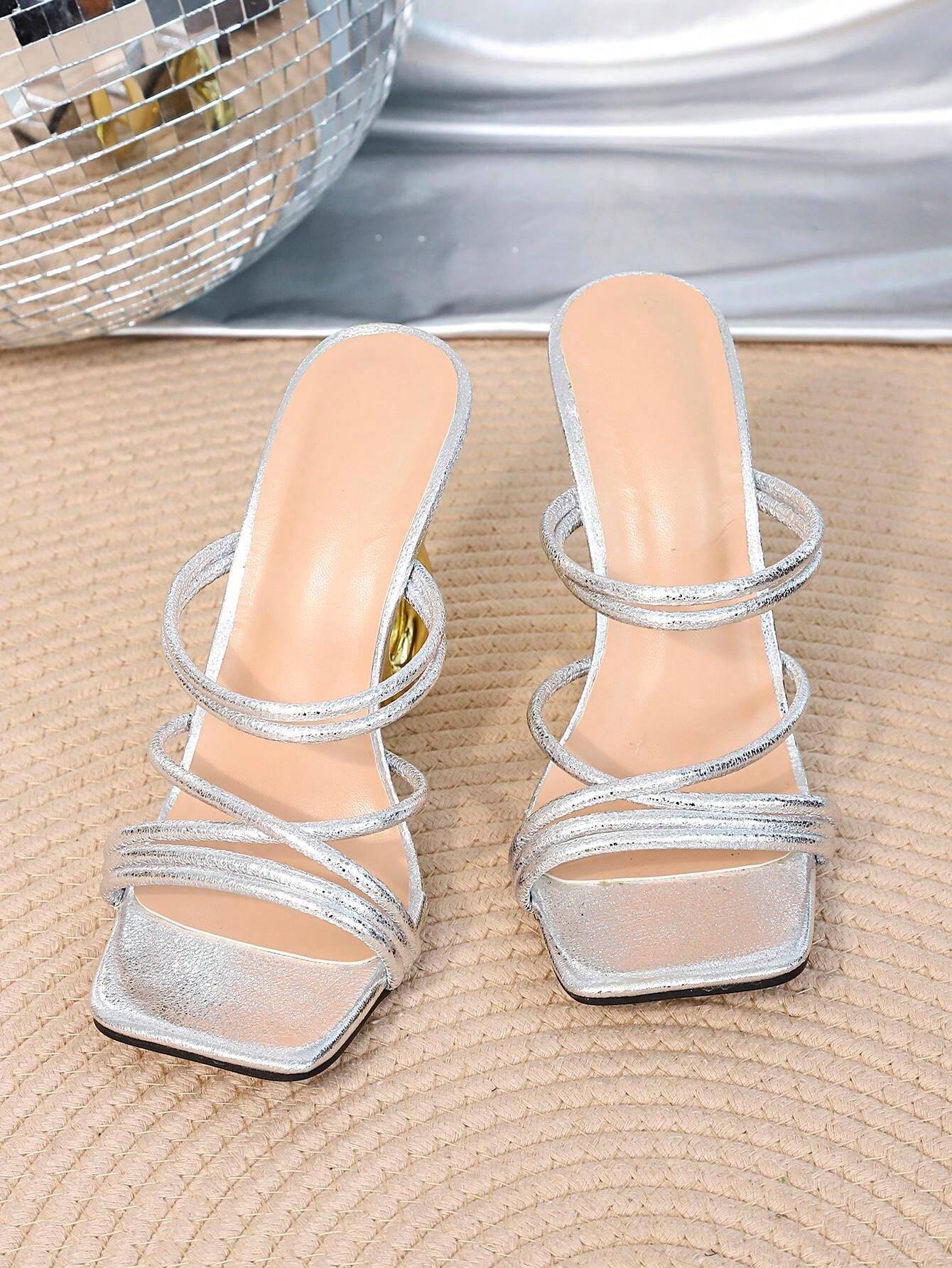 Silver One-Strap High Heel Roman Sandals With 8-Shape Chunky Heel And ...