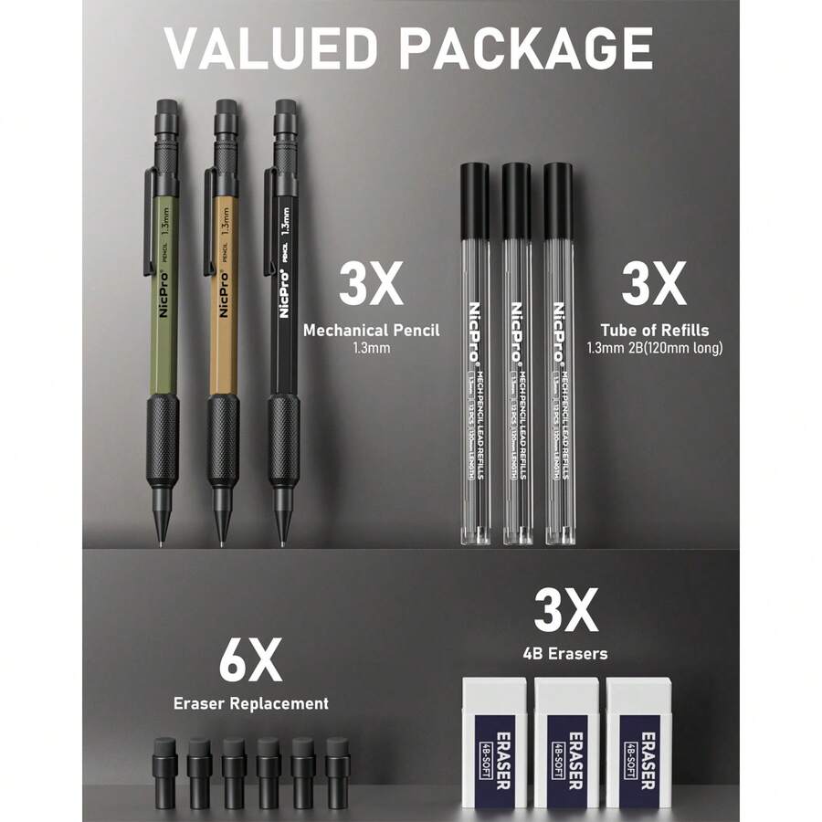 Nicpro 3 PCS 1.3 Mm Mechanical Pencils Set With 36 Lead Refill, 3 ...