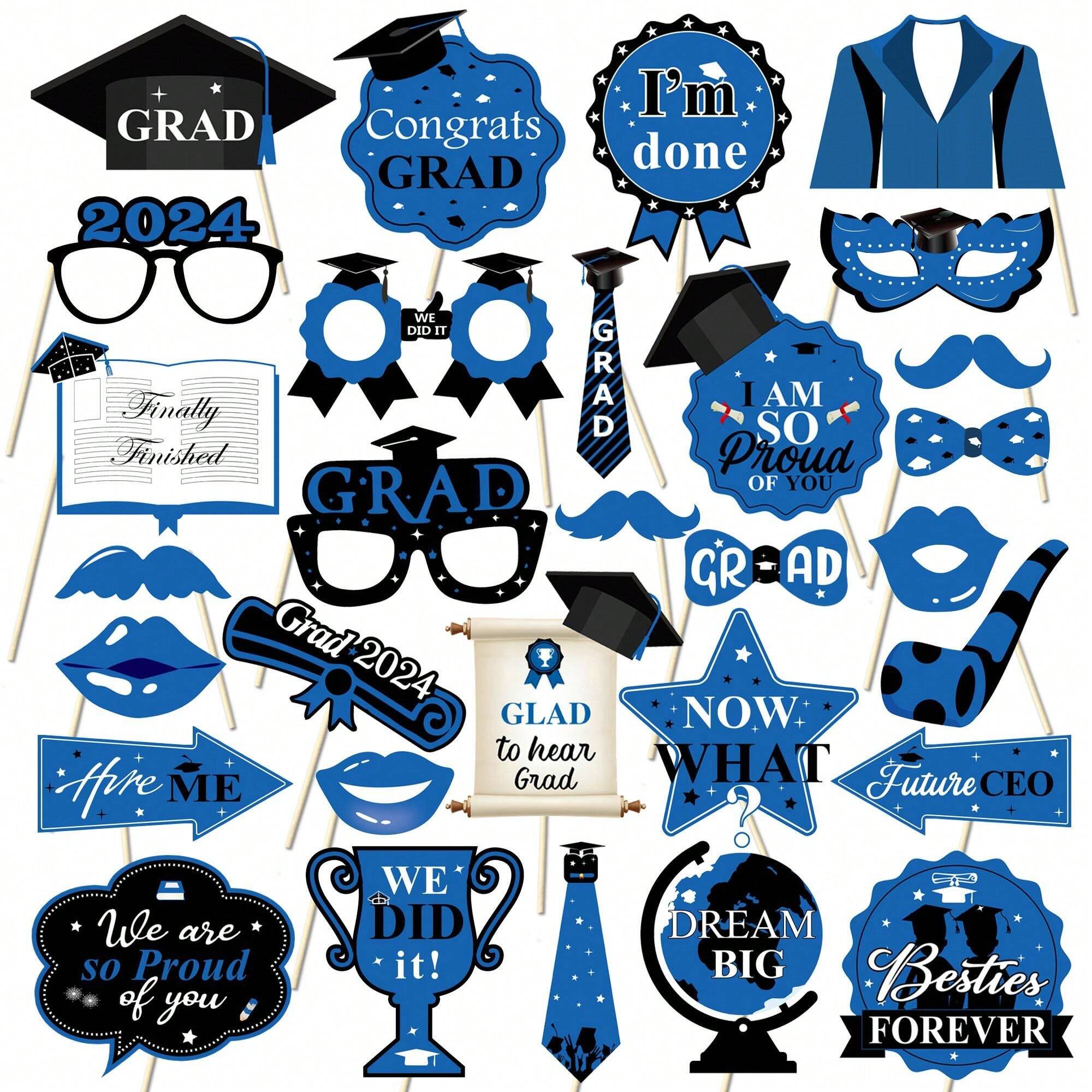 30 Pieces Graduation Photo Booth Props In Black, Gold,Blue And Red ...