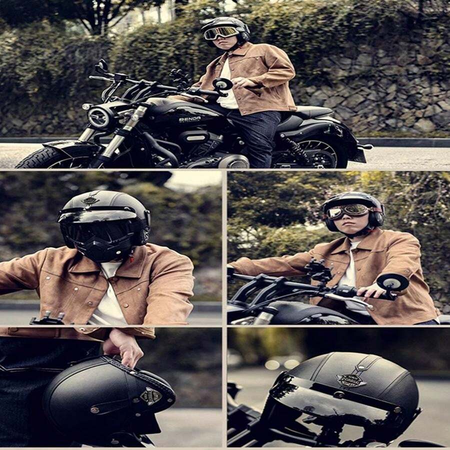 Retro Style PU Leather Motorcycle Helmet 4/3 Open Face Motorbike E-Bike ...