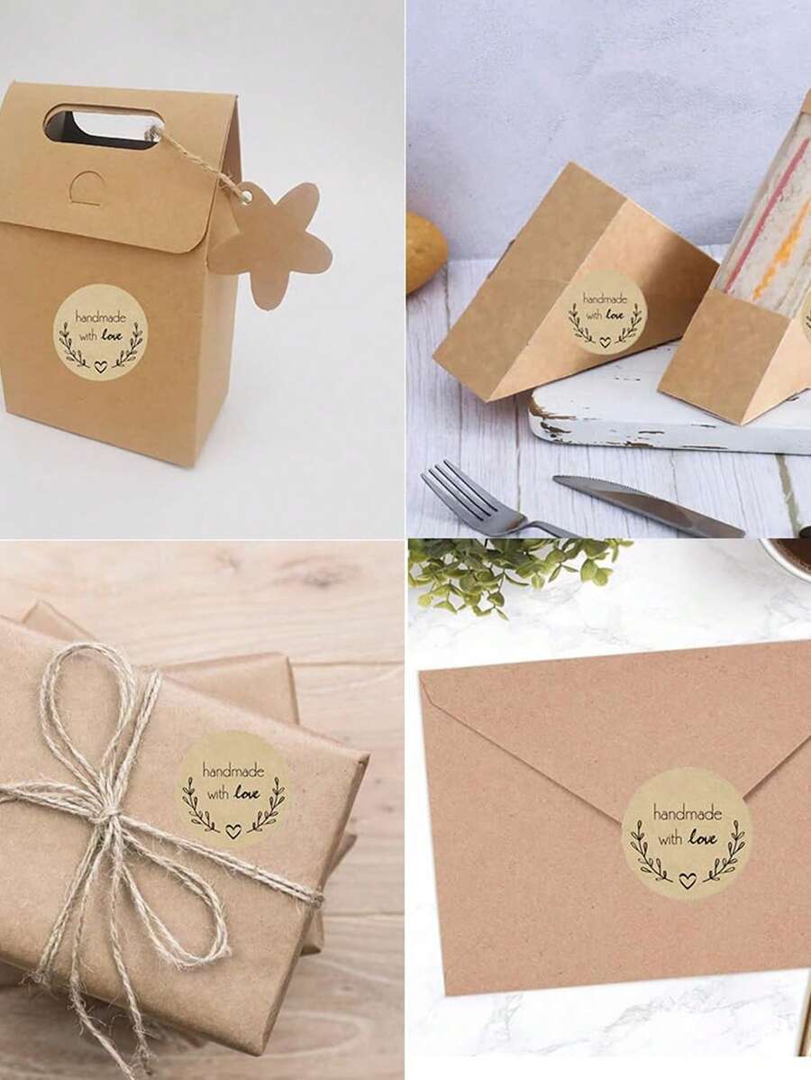 1 Roll/500pcs Handmade Heart Stickers, 2.54cm Kraft Paper Sticker Heart ...
