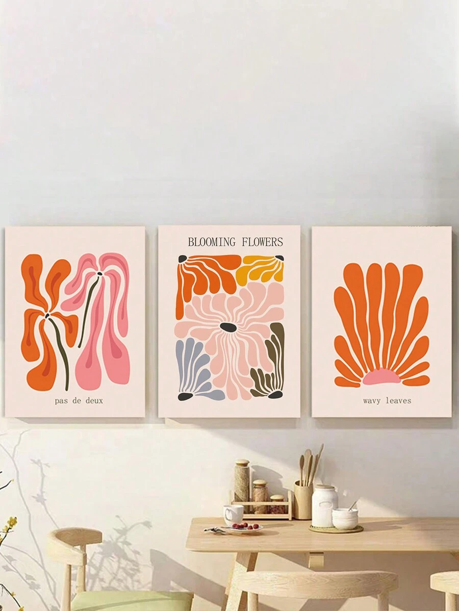 3pcs Abstract Wall Art Flower Market Colorful Posters Orange Botanical ...