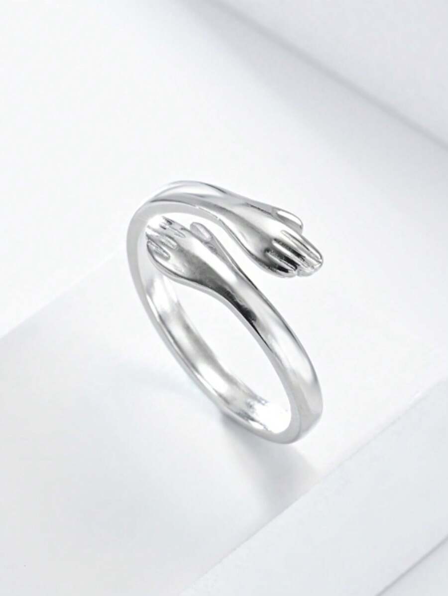 1pc Fashionable And Elegant Titanium Steel Ring Open Style Hand-In-Hand ...