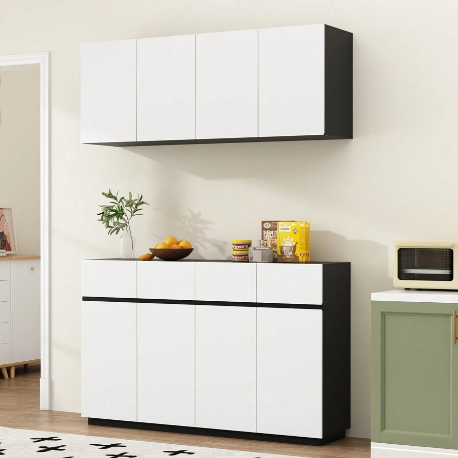 Kitchen Pantry Storage Cabinet Set With Wall Mounted Storage Sideboard ...