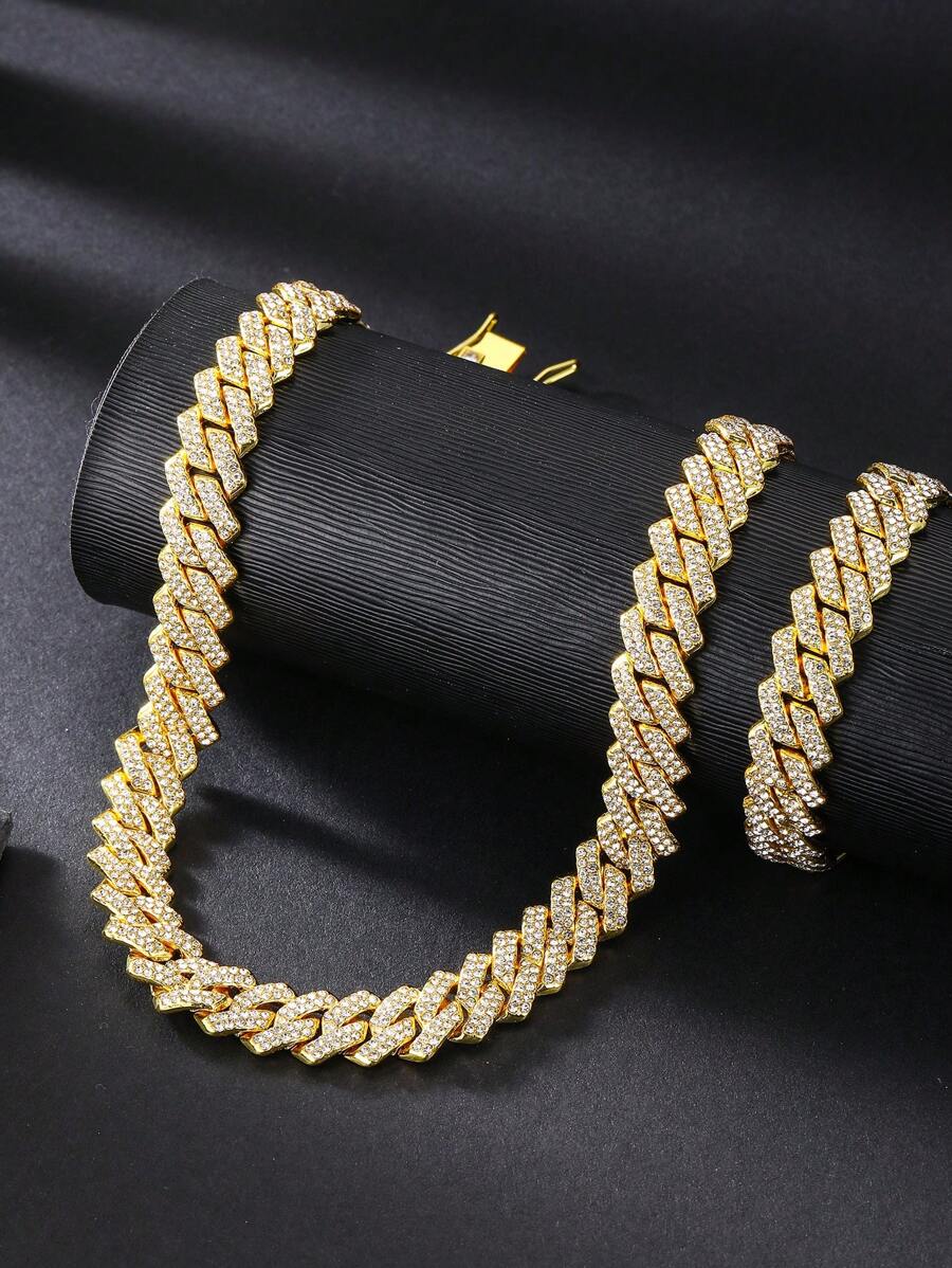 2 Pieces Link Chain Men's Iced Out Miami Necklace And Bracelet Silver ...