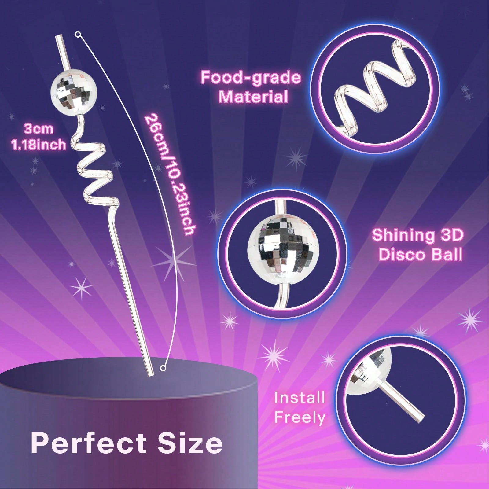 Disco Ball Reusable Swirly Straw Set - 8pcs Groovy Birthday Party ...