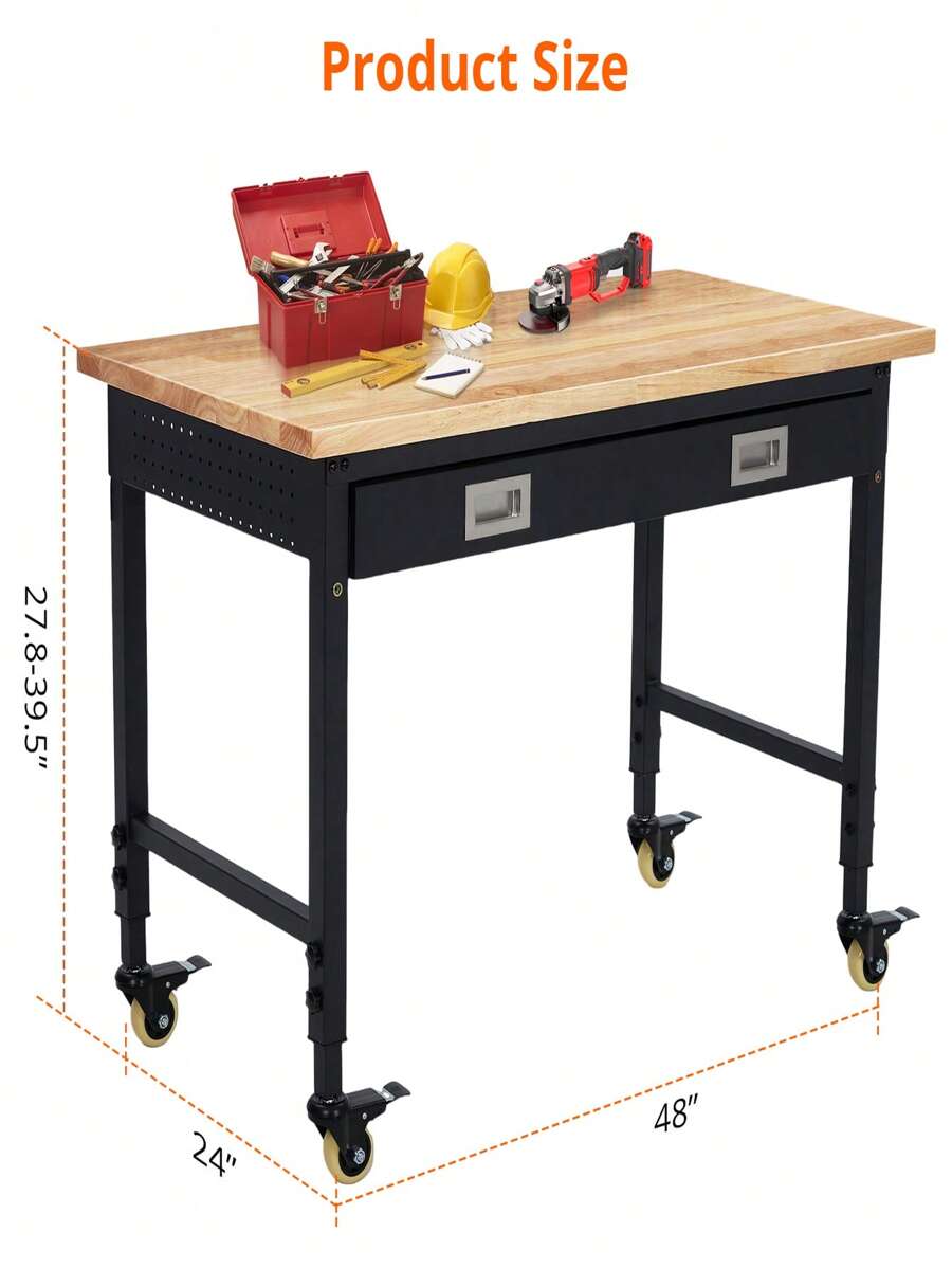 Adjustable Workbench For Garage, 60" X 20" Heavy-Duty Rubber Wood Shop ...