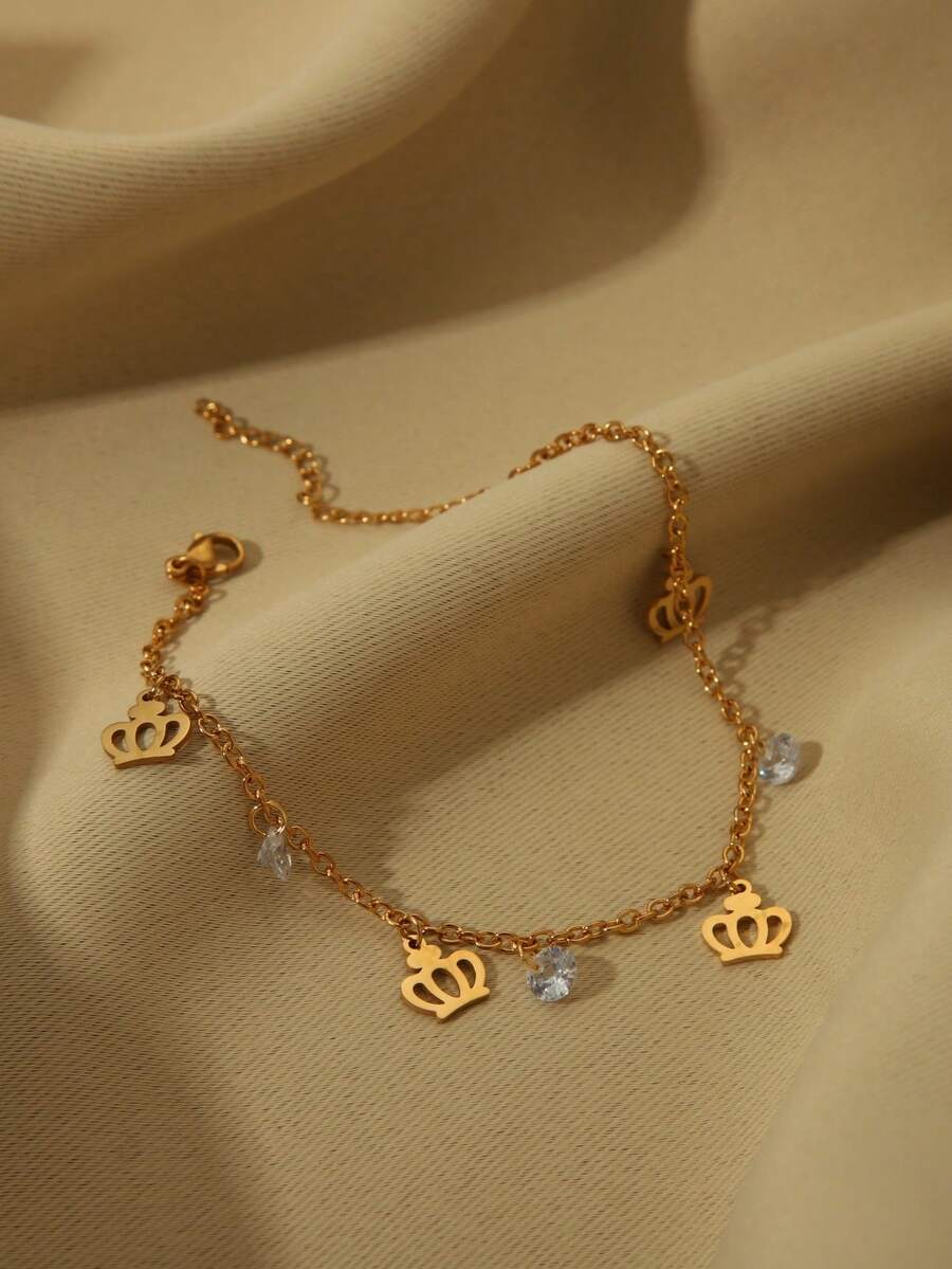 1pc Women 18k Gold Plated Stainless Steel Single Layered Crown Pendant ...